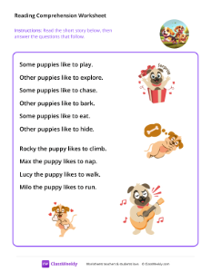 Puppy Play (Level B Story) - Reading Comprehension - Free Printable ...