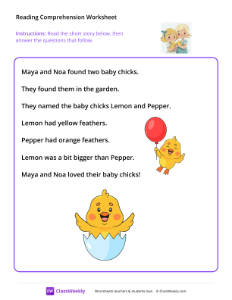 Our Baby Chicks (Level B Story) - Reading Comprehension - Free ...