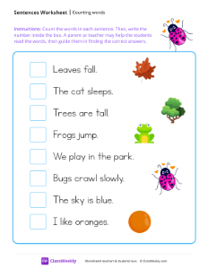 Counting Words - Bug - Free Printable Kindergarten Reading Worksheet ...
