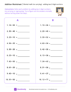 Mental Math: Adding two 2-digit Numbers (no carrying) Worksheets for ...