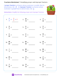 Simplifying proper and improper fractions - Cactus - Free Printable 3rd ...