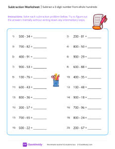 Subtract a 2-digit number from whole hundreds Worksheets for 3rd Grade ...