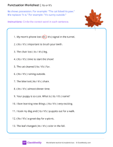 Its vs It's - leaf - Free 3rd Grade Grammar Worksheet | ClassWeekly