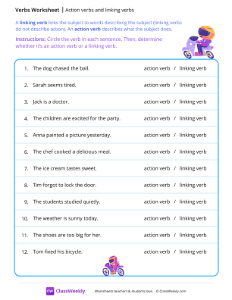 Action verbs and linking verbs Worksheets for 3rd Grade | Free ...