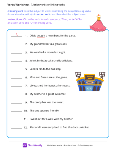 Action verbs or linking verbs Worksheets for 3rd Grade | Free Printable ...