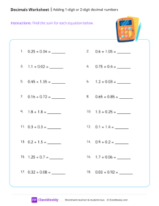 Adding decimals (1 or 2 decimal digits) Worksheets for 3rd Grade | Free ...