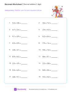 Decimal addition (1 digit) Worksheets for 4th Grade | Free Printable ...