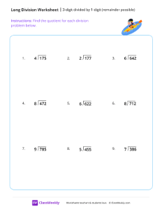3-digit divided by 1-digit (remainder possible) Worksheets for 4th ...