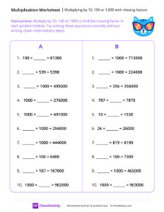 Multiplying by 10, 100 or 1,000 with missing factors Worksheets for 3rd ...