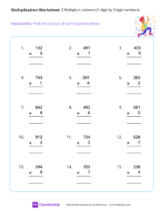 Multiply 1 by 3 digit numbers - Happy - Free Printable 4th Grade Math ...